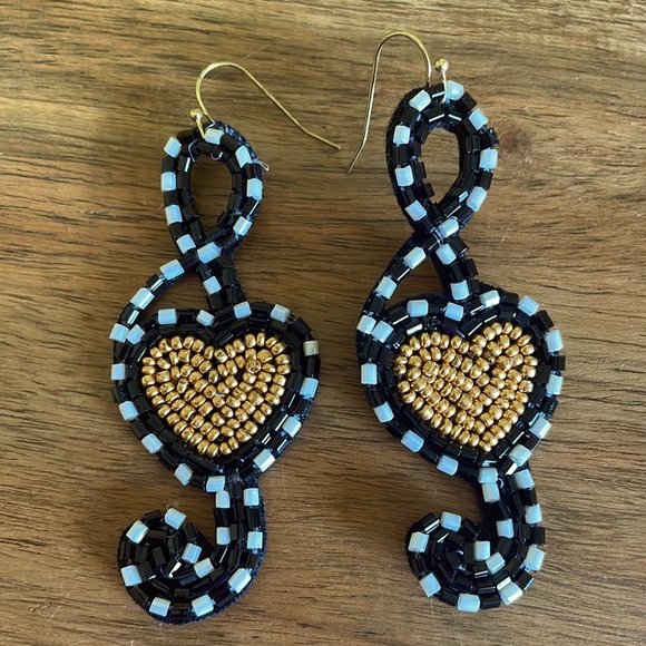 Jewelry | New Black White Beaded Music Notes Earrings Gold Heart | Poshmark